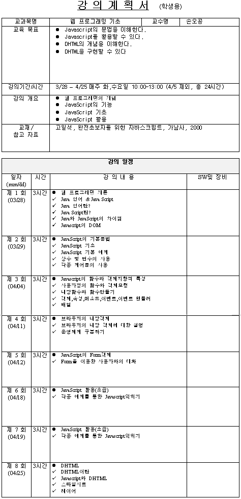 강의계획서 양식 교육목표 개요 교재 일정 네이버 블로그
