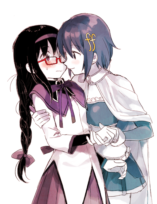 Safebooru - 2girls akemi homura black hair blue hair blush braid cape dddoochi1 eye contact ...
