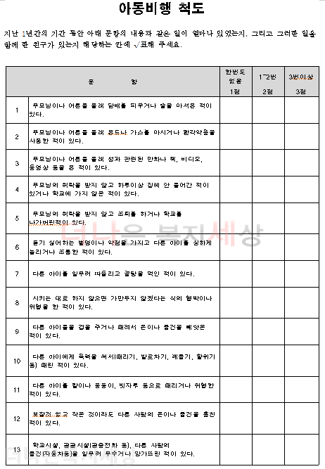 척도 설문지 아동 청소년 척도 설문지 양식서식 학생용 네이버 블로그
