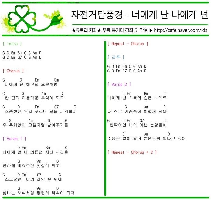 자전거탄풍경 너에게난 나에게넌 기타 쉬운곡코드악보초보 연습곡 네이버 블로그