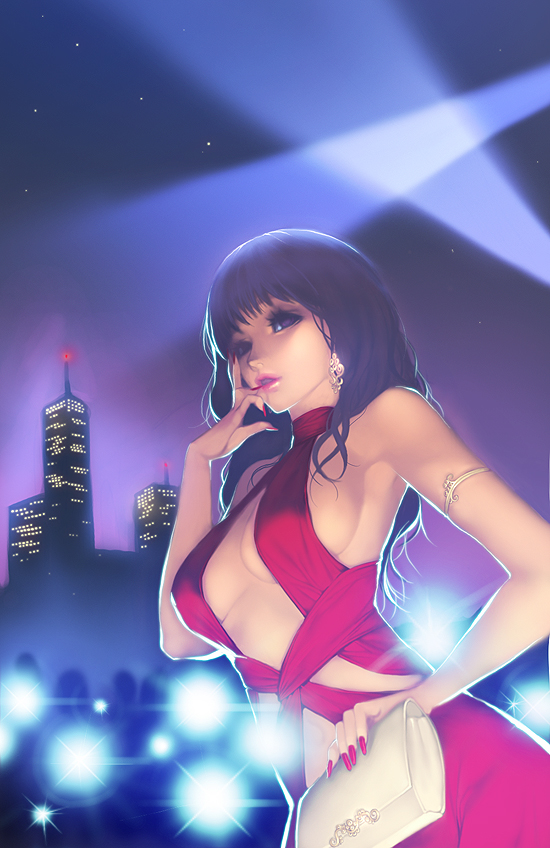 Safebooru - 1girl armlet bag bare shoulder breasts cacao city cleavage dress earrings finger to ...