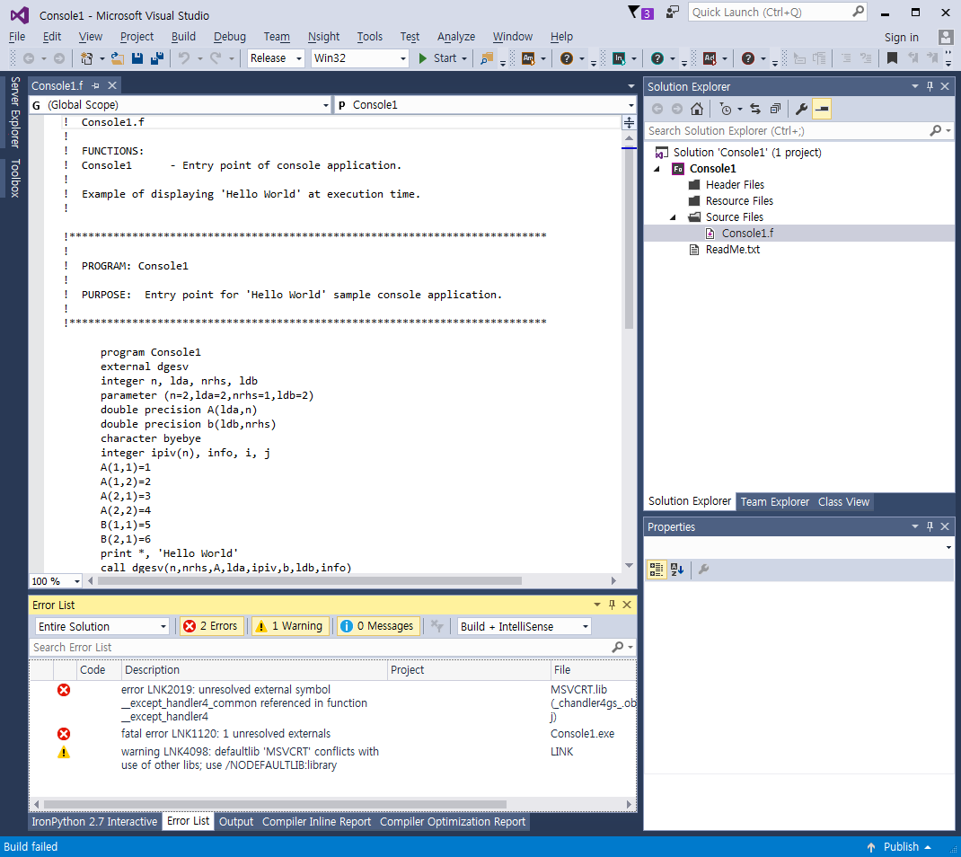 [Fortran] Visual studio 2015와 Intel Fortran Compiler 환경에서 BLAS와 LAPACK ...